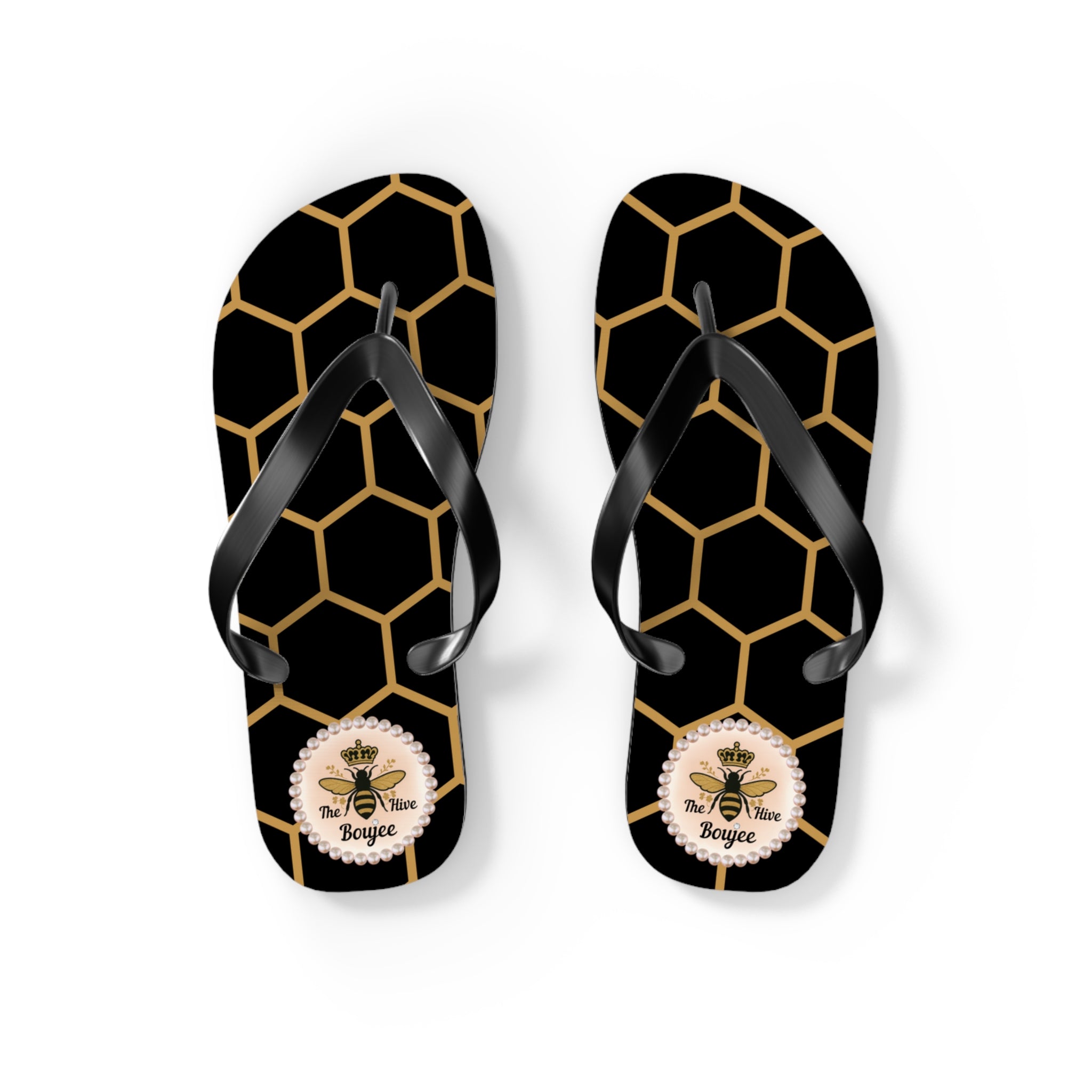 The Boujee Hive Crowned-Bee Flip-Flops (BLACK/Golden Honeycomb) - SMAL ...